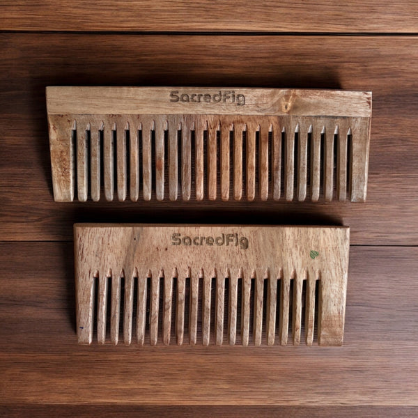 SacredFig Neem Wood Hair Combs | Broad Rectangle Comb | Set of 2