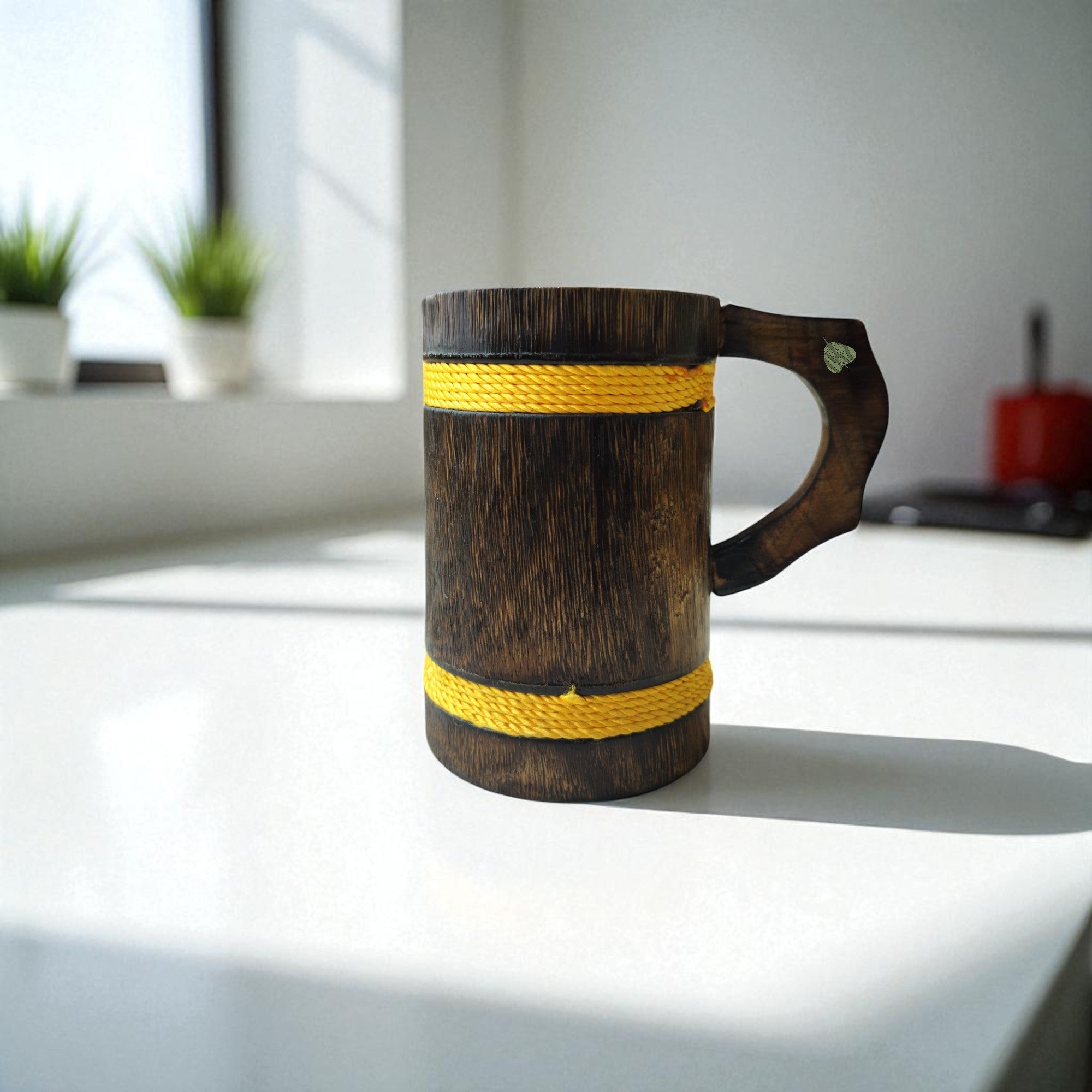 SacredFig Wooden Mug – 350 ml | Rustic Oak Barrel Design with Golden R