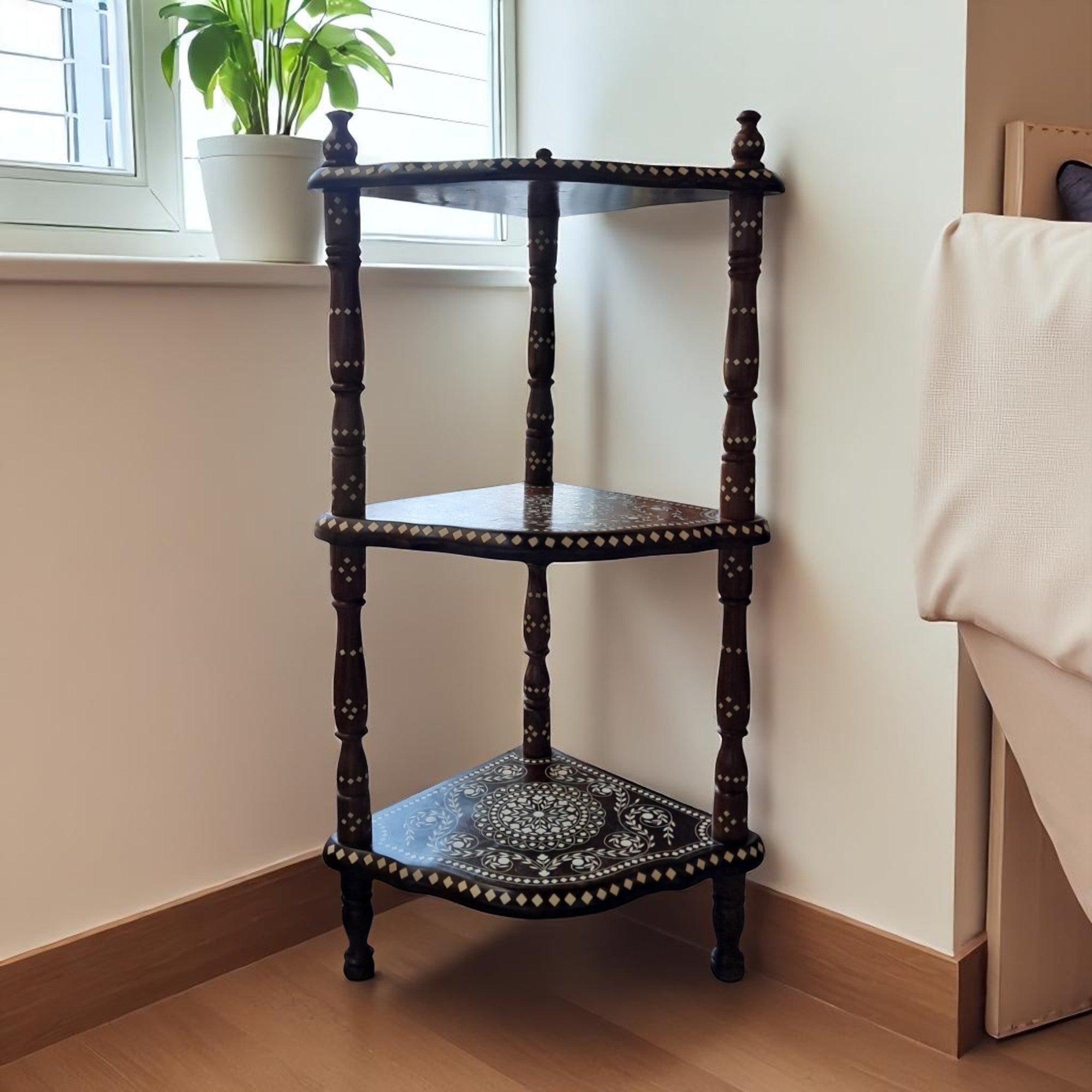 SacredFig 3-Tier Wooden Side Stand – 33x16 Inch | White Inlay Floral D